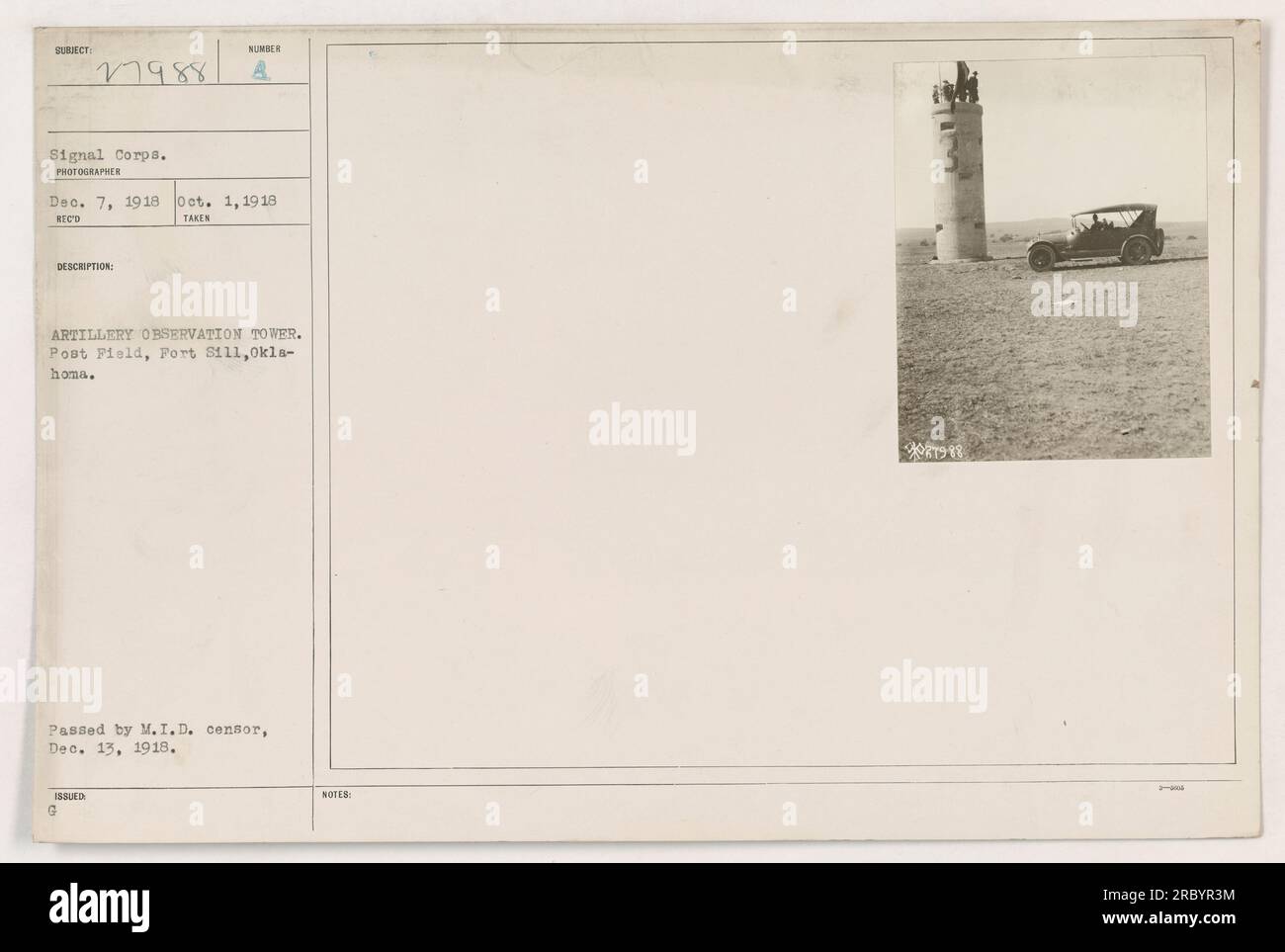 Aerial view of an artillery observation tower at Post Field, Port Sill ...