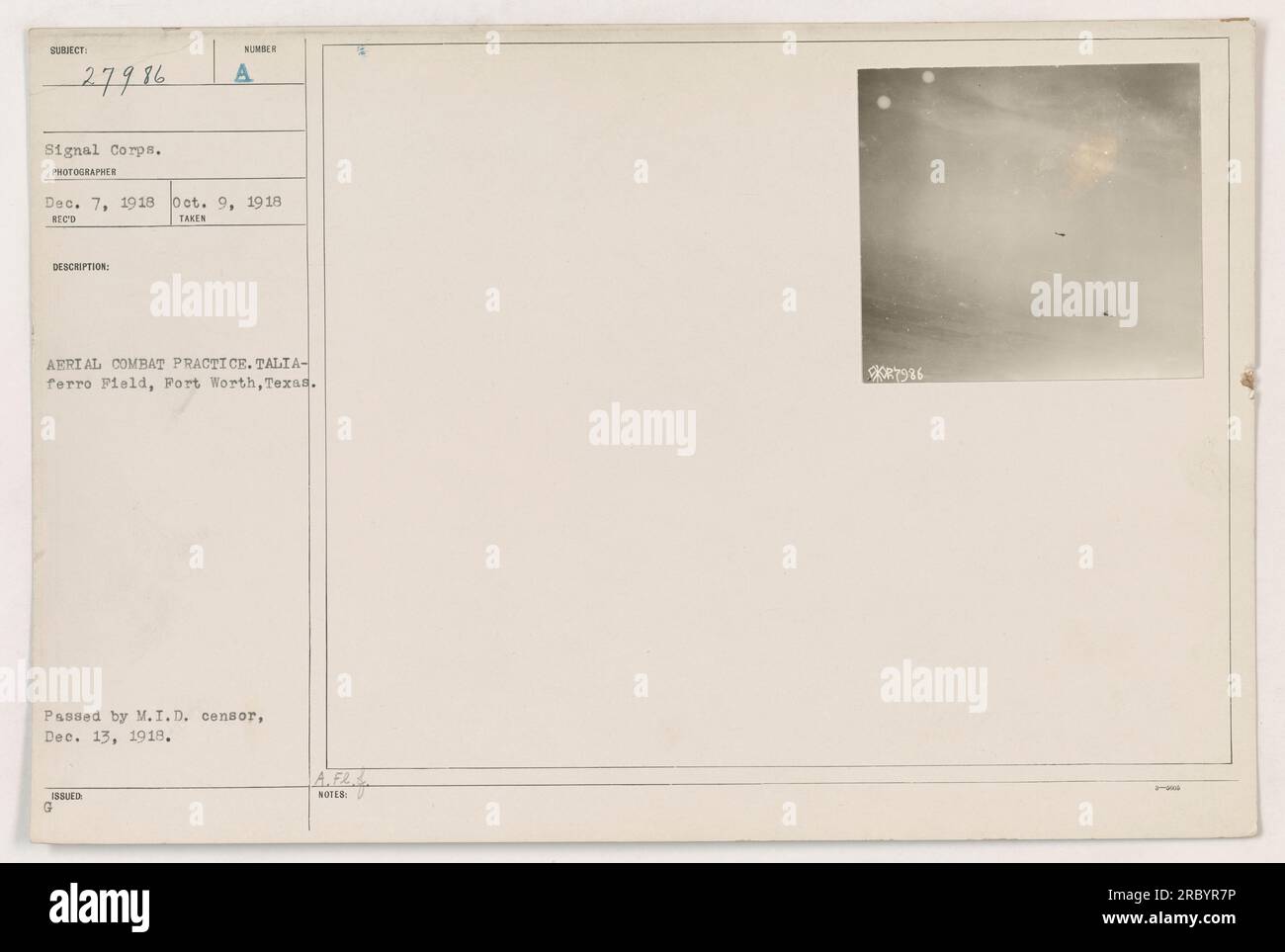 Aerial combat practice at Taliaferro Field in Fort Worth, Texas. Taken on 10/9/1918. The image ...