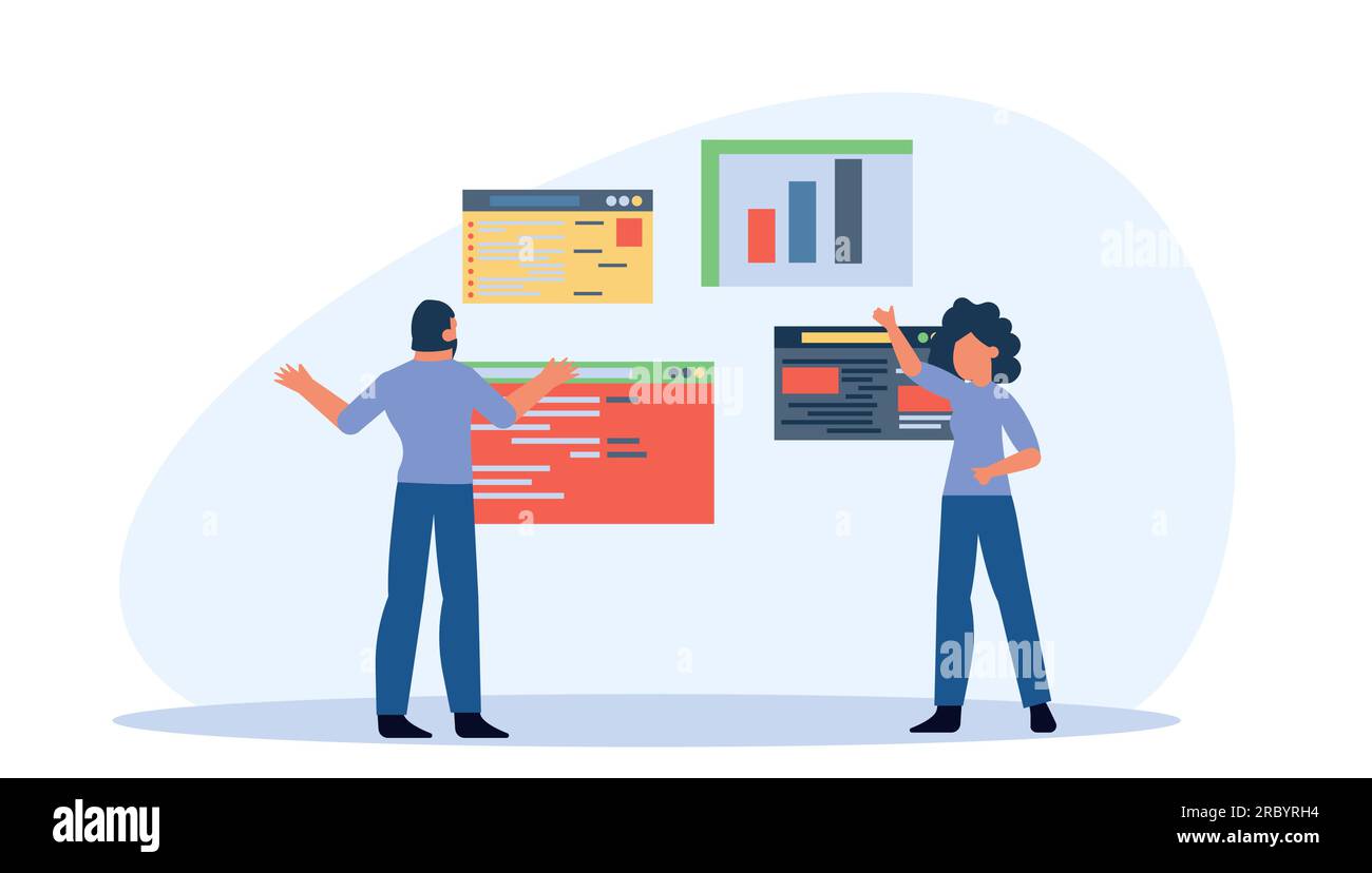 People analysis data commerce. Vector employee man and woman with computer and bar. Business ...