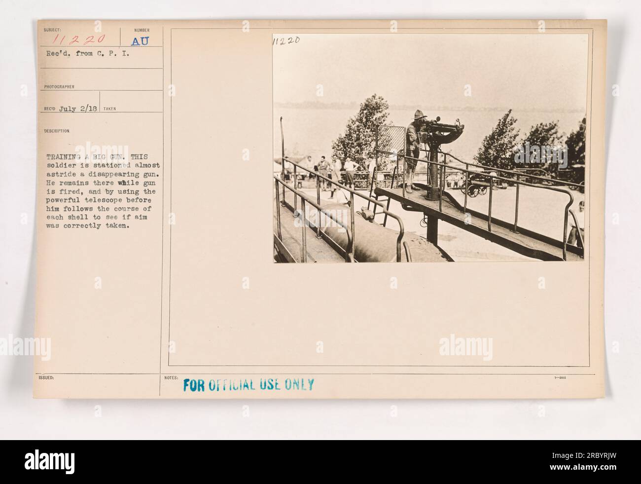 Soldier stationed by disappearing gun, observes its firing through a ...