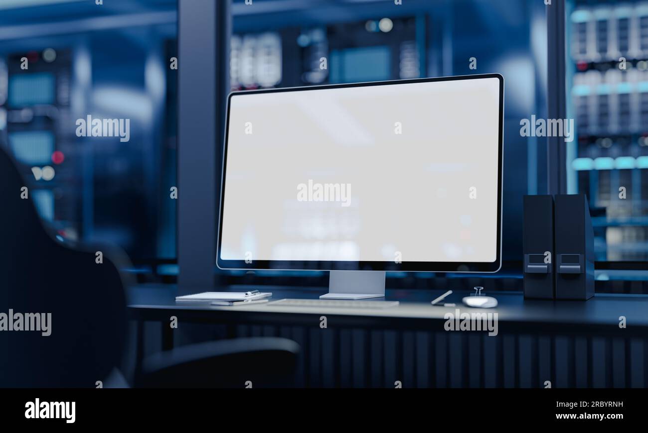 Scientific computer in a laboratory or server room with blank screen ...