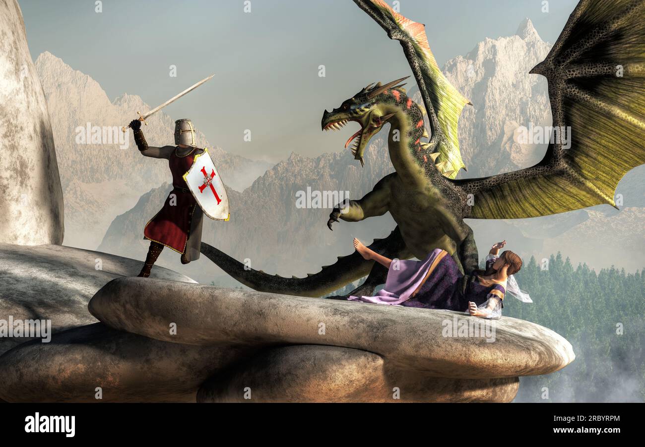 In this fantasy scene, a knight wearing mail armor and a bucket helmet ...