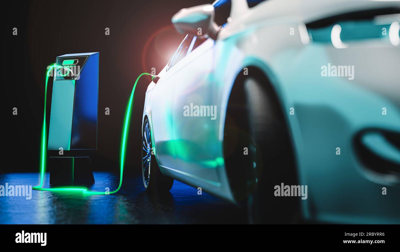 The electric car is charging, isolated on a black background - a ...