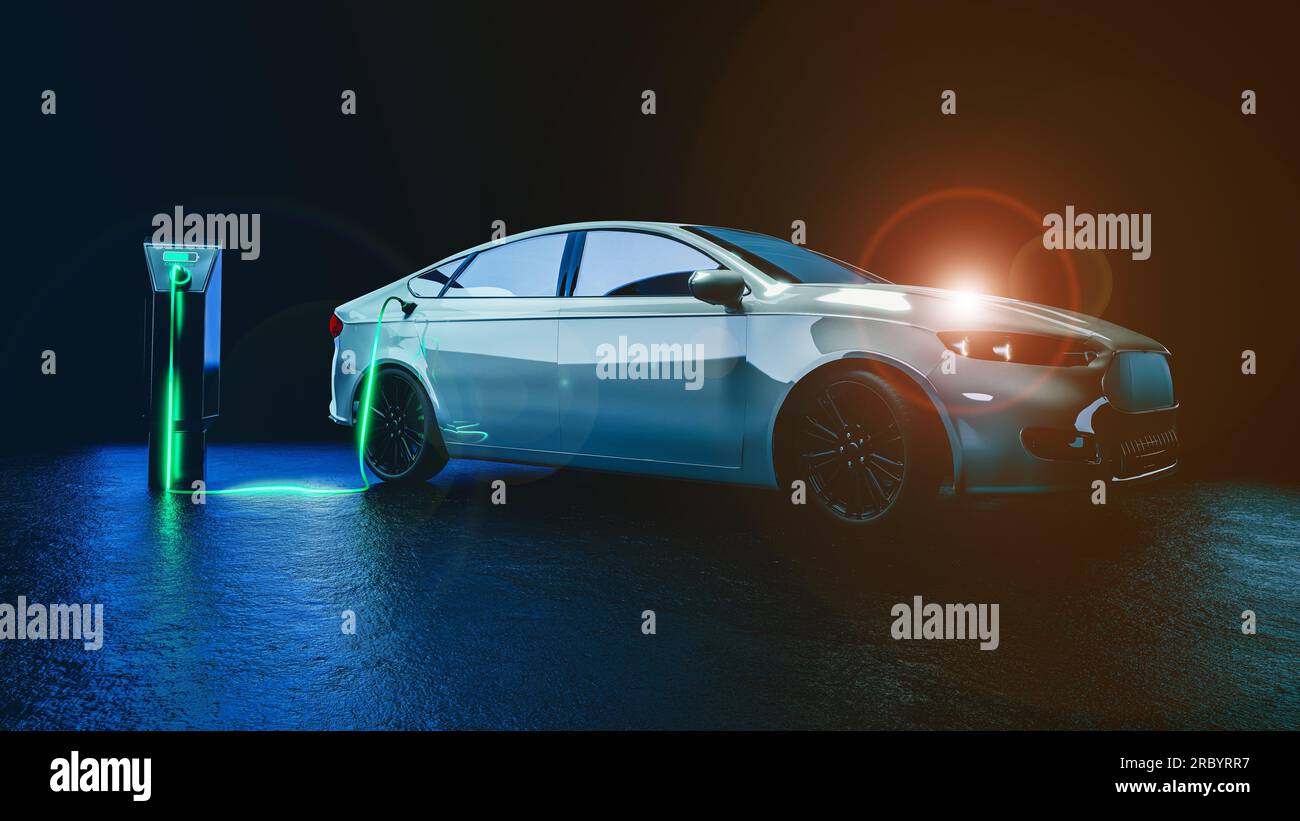 The electric car is charging, isolated on a black background - a ...