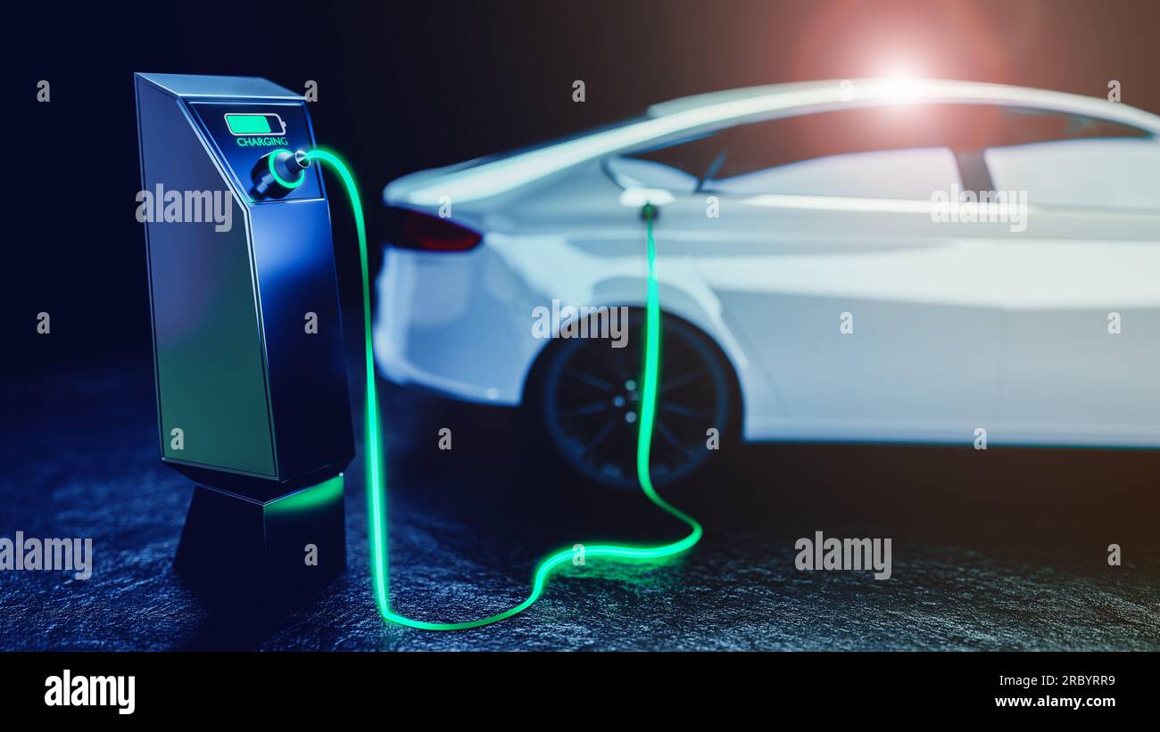 The electric car is charging, isolated on a black background - a ...