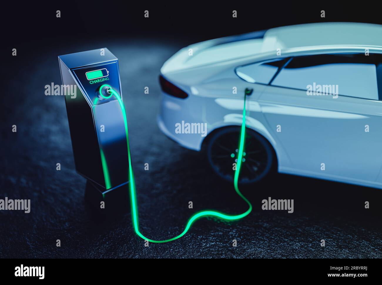 The electric car is charging, isolated on a black background - a ...