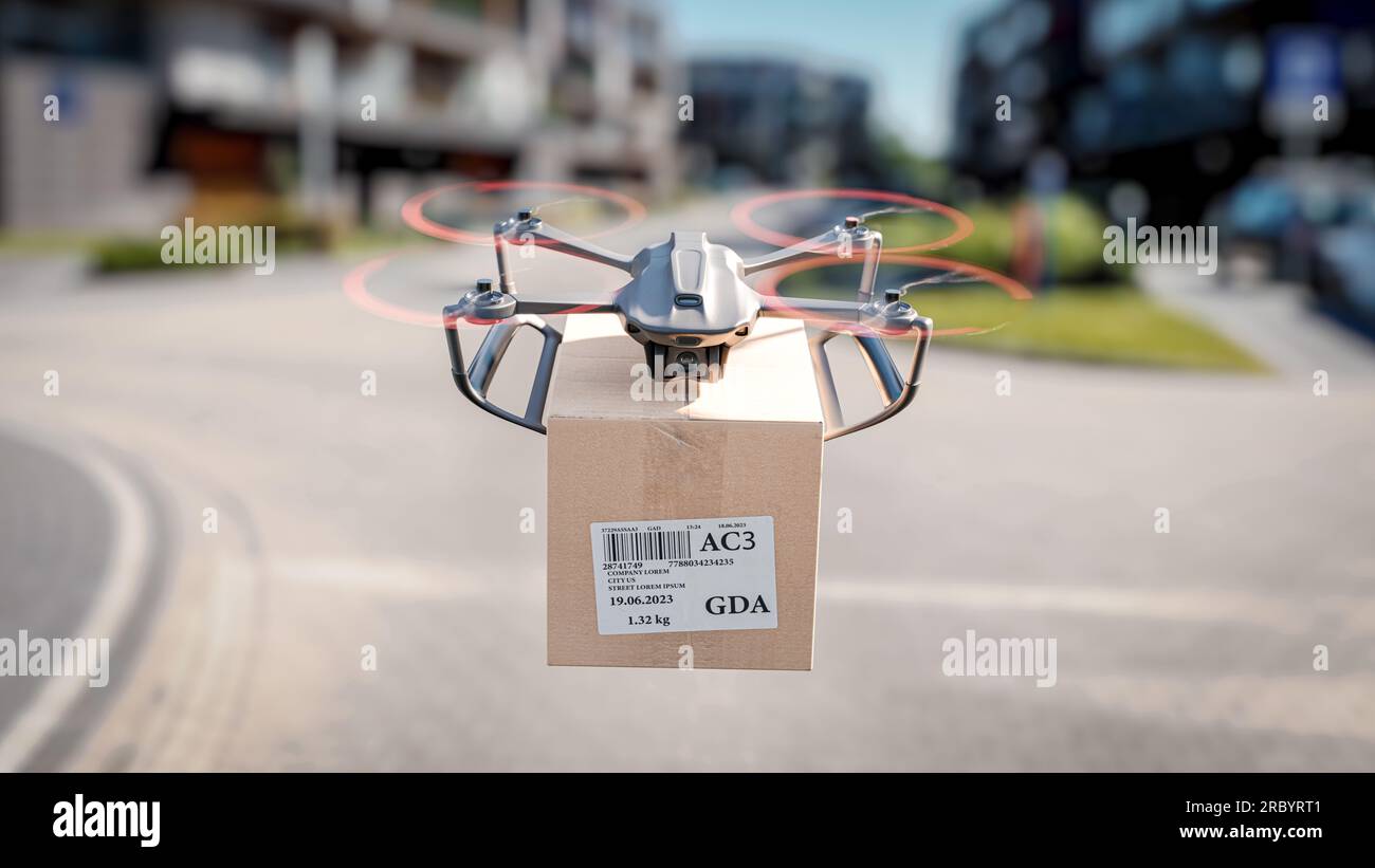 A delivery drone is flying between residential buildings - the concept ...