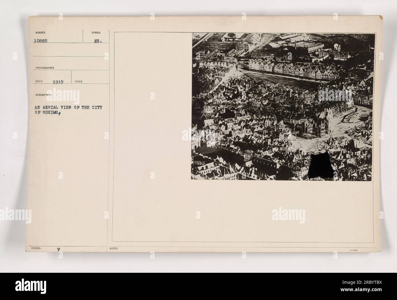 Aerial view of the city of Rheims taken in 1919 during World War I. The ...