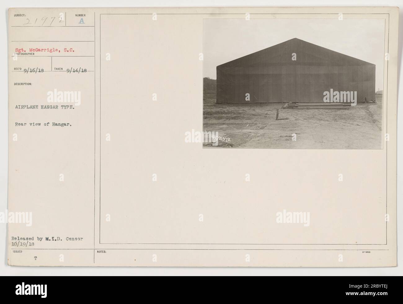 Rear view of an airplane hangar taken on September 14, 1918. The hangar ...