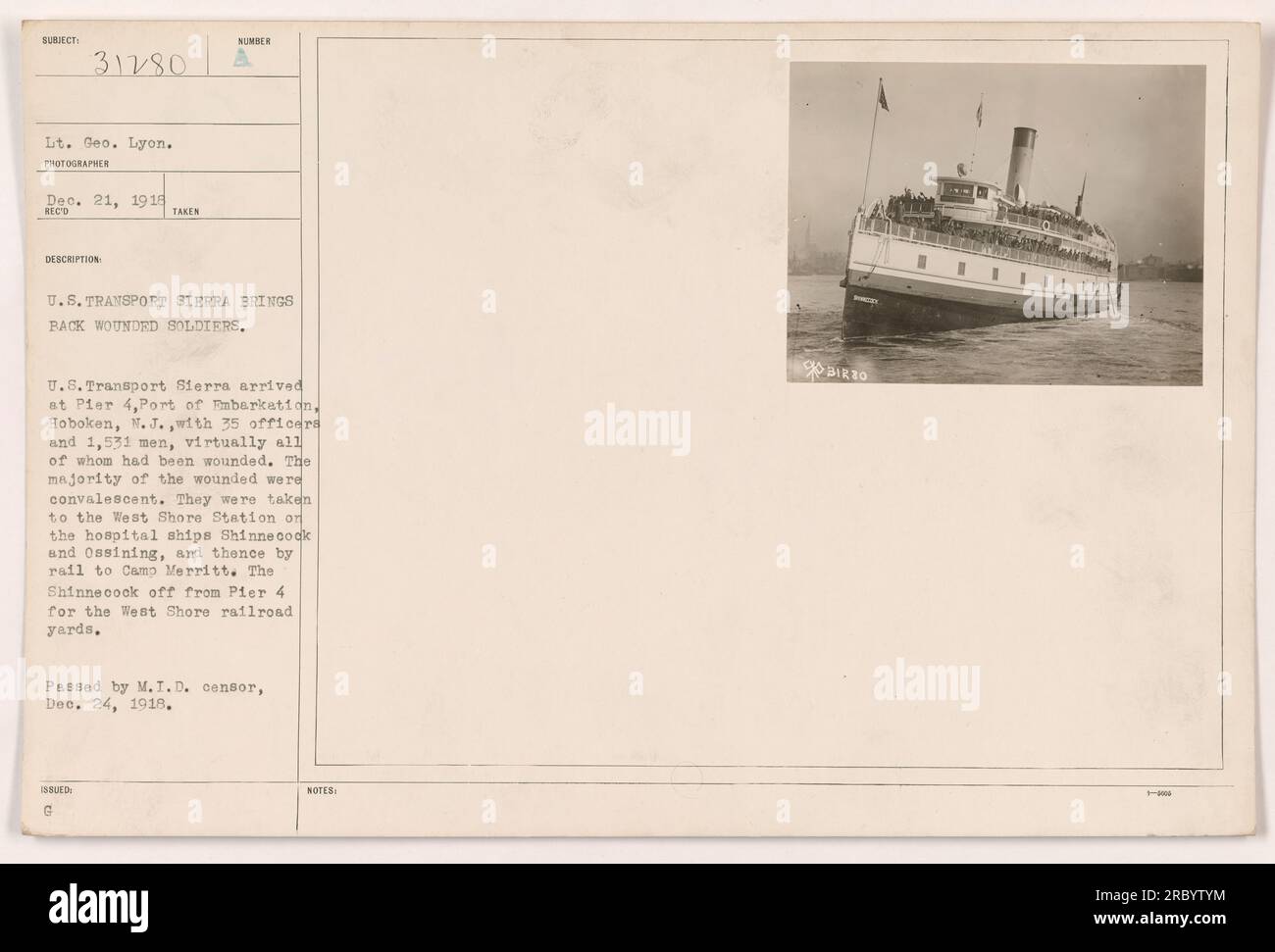 Lt. George Lyon took this photograph on December 21, 1918, at the Port ...