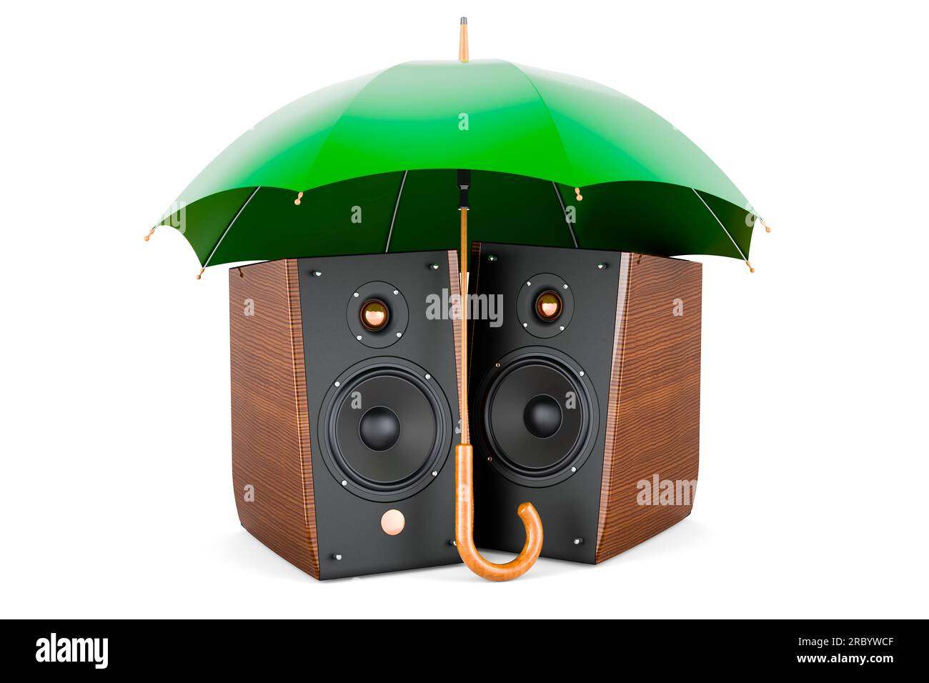 Musical Speakers under umbrella. 3D rendering isolated on white ...