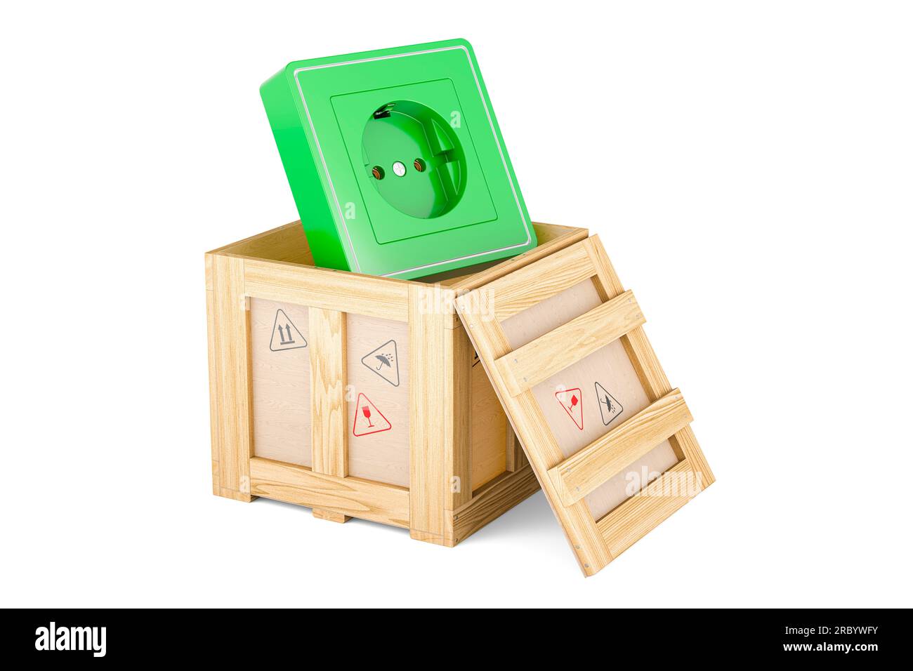 Electrical outlet, socket inside wooden box, delivery concept. 3D ...