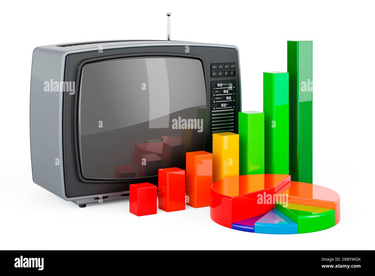 Retro TV set with growth bar graph and pie chart. 3D rendering isolated ...