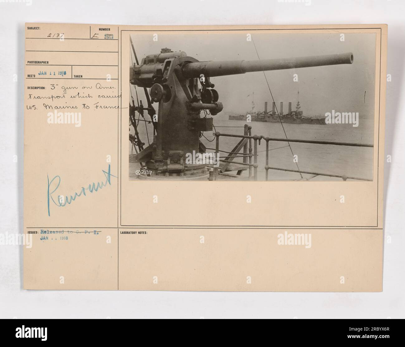 Image of a 3-inch gun mounted on an American transport ship used to ...