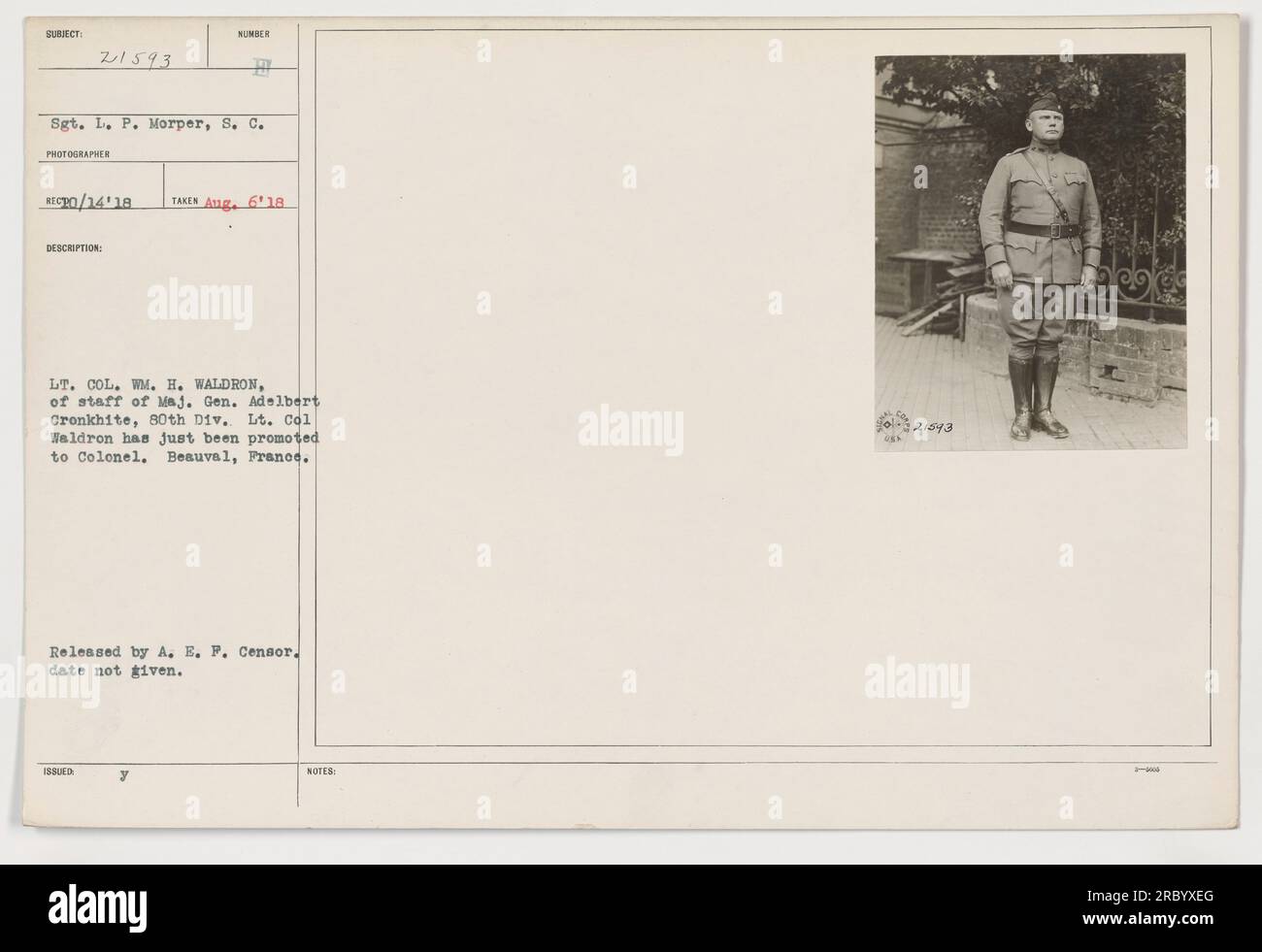 Sgt. L. P. Morper of the Signal Corps captures the image of Lt. Col ...