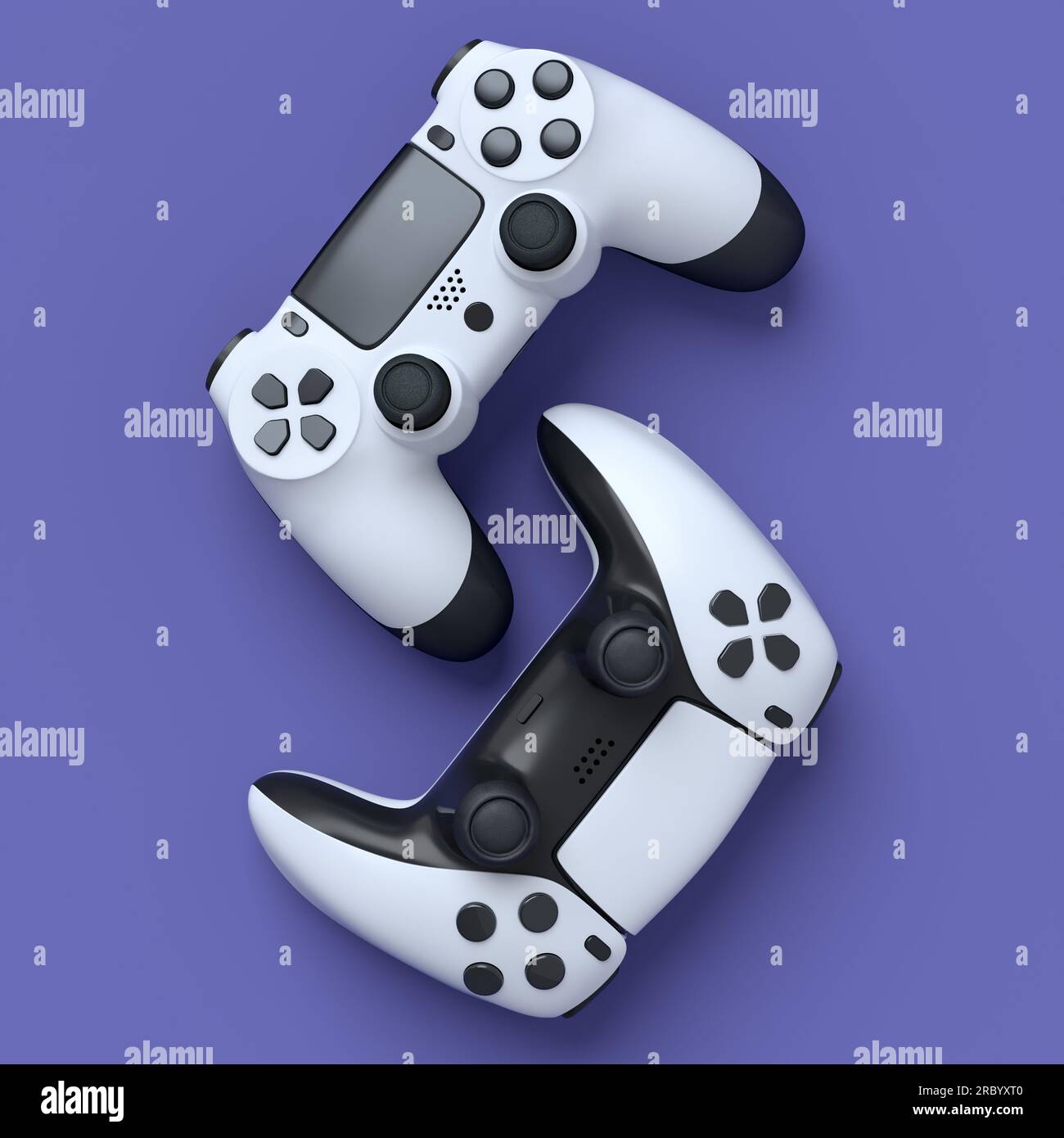 Set of lying gamer joysticks or gamepads on purple background with blur ...