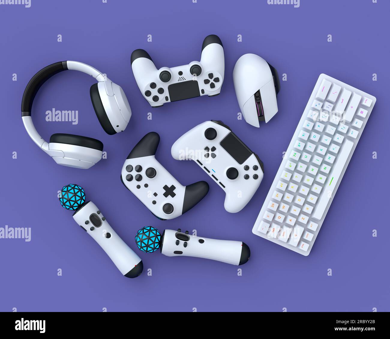 Top view gamer gears like mouse, keyboard, joystick, headphones and ...