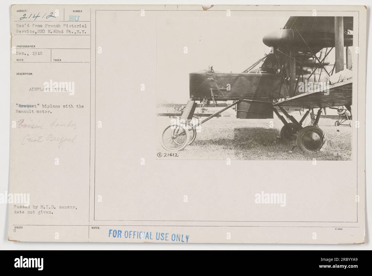 "Factual caption only: An image showing a "Brequet" biplane with a ...