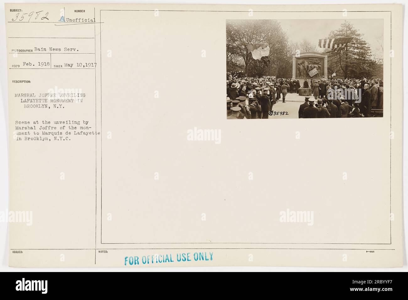 Marshal Joffre unveils the Lafayette Monument in Brooklyn, New York on May 10, 1917. The ...