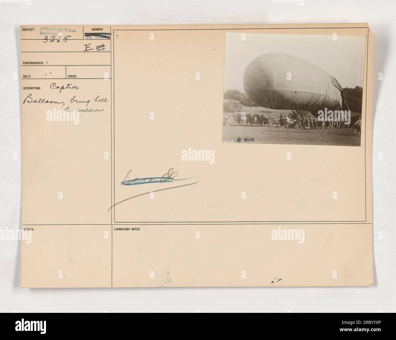 Soldiers holding a captive balloon during World War One. The balloon ...