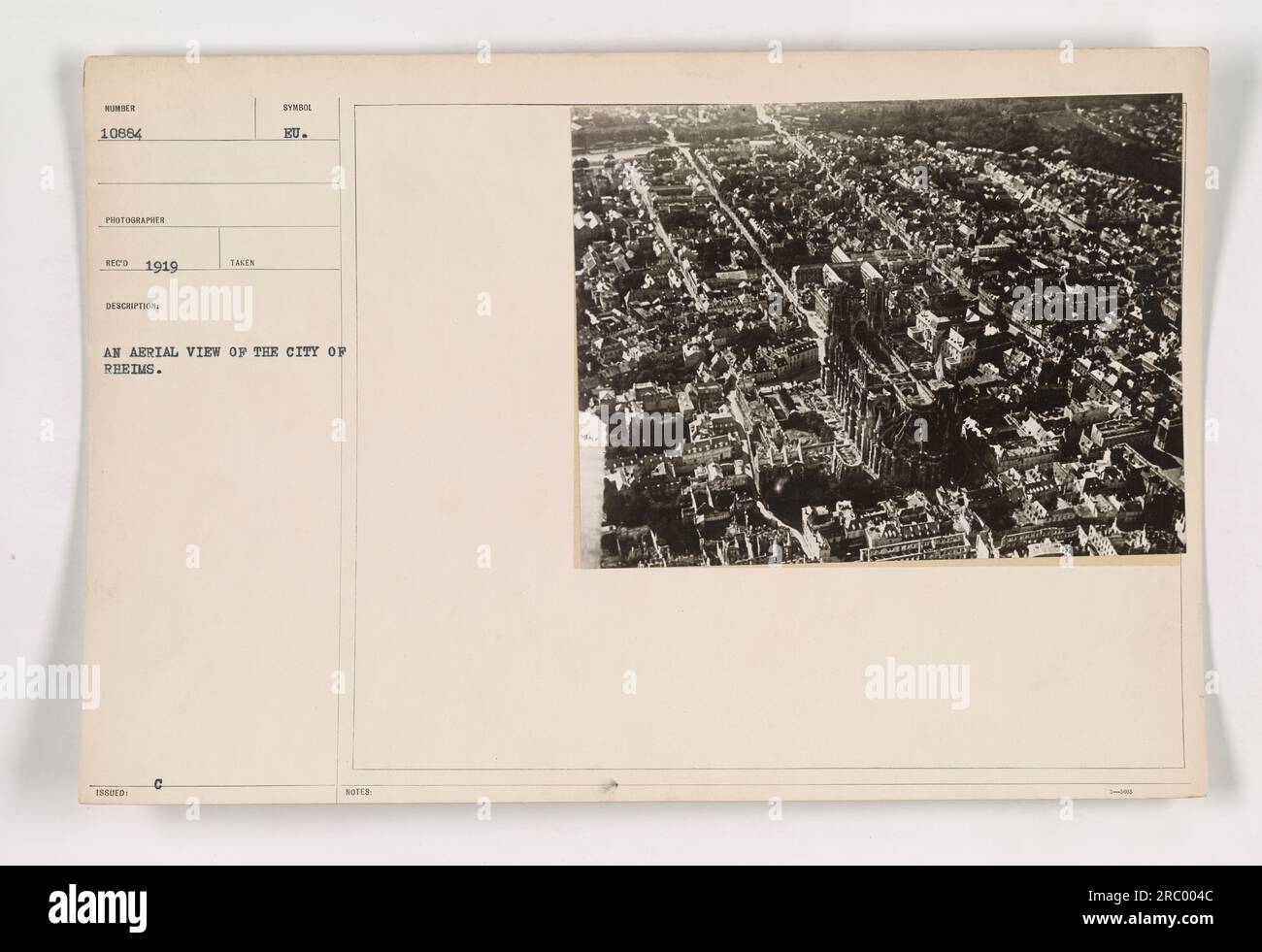 Aerial view of the city of Rheims during World War One. The photograph ...