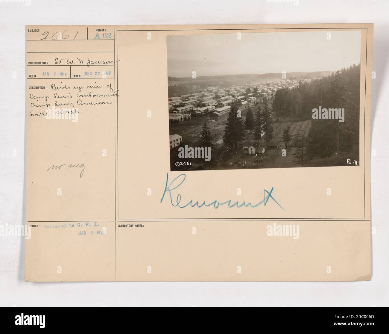 Camp Lewis cantonment at American Lake, Washington, is captured from a ...