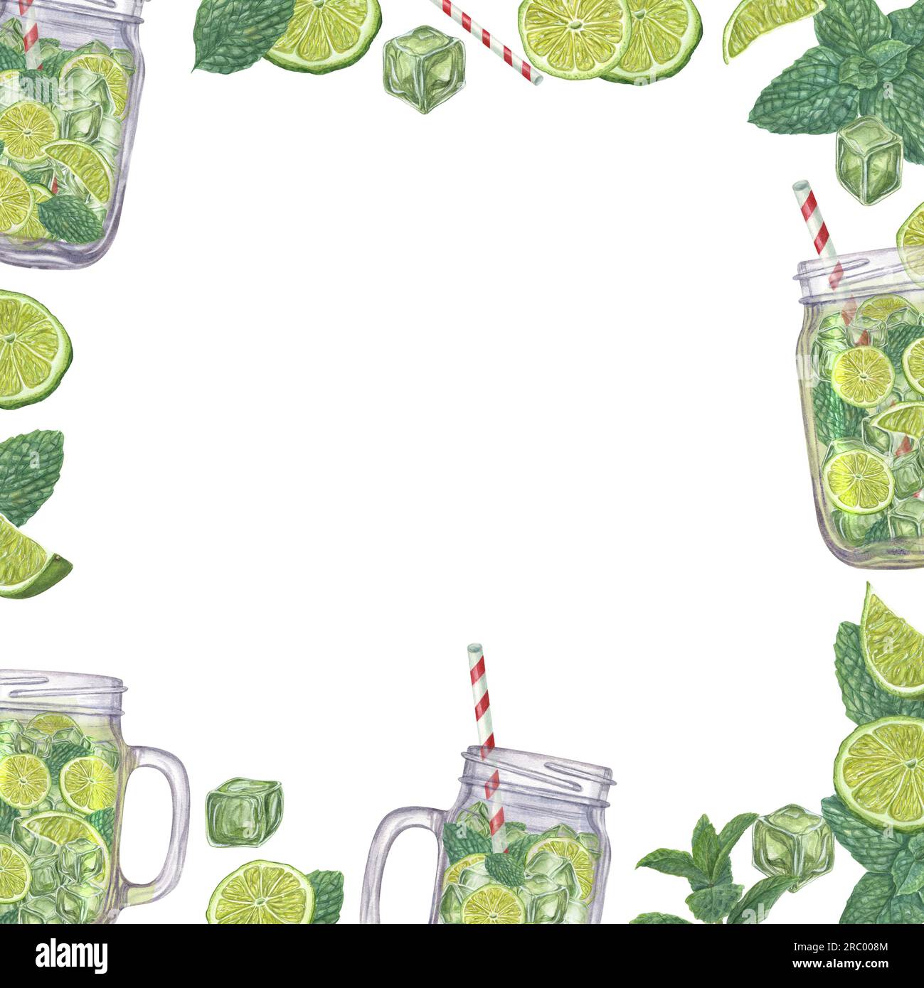 Watercolor frame of fresh cold mojito and its ingredients. Composition ...