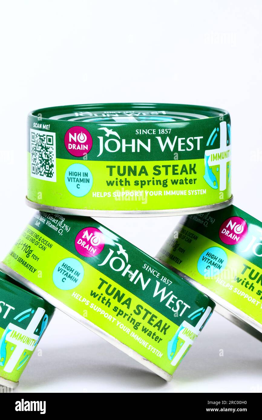 Tins of John West Tuna Steak with Spring Water Stock Photo - Alamy