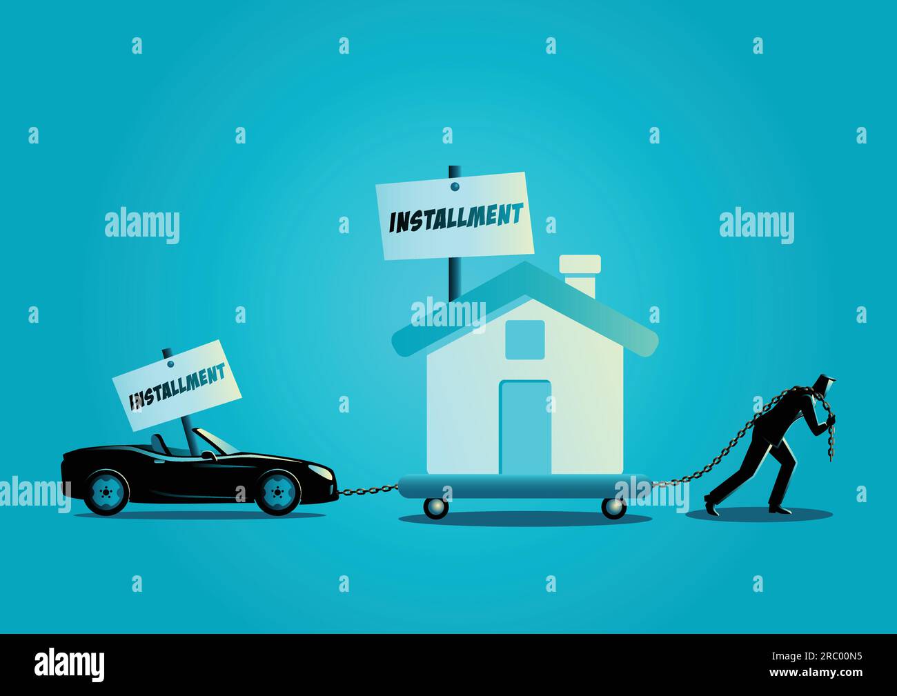 Business concept vector illustration of a businessman dragging a house ...
