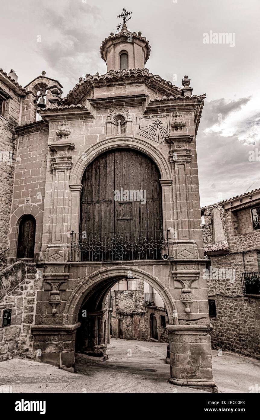 Calaceite medieval historic center.Portal and Chapel of the Virgen del ...