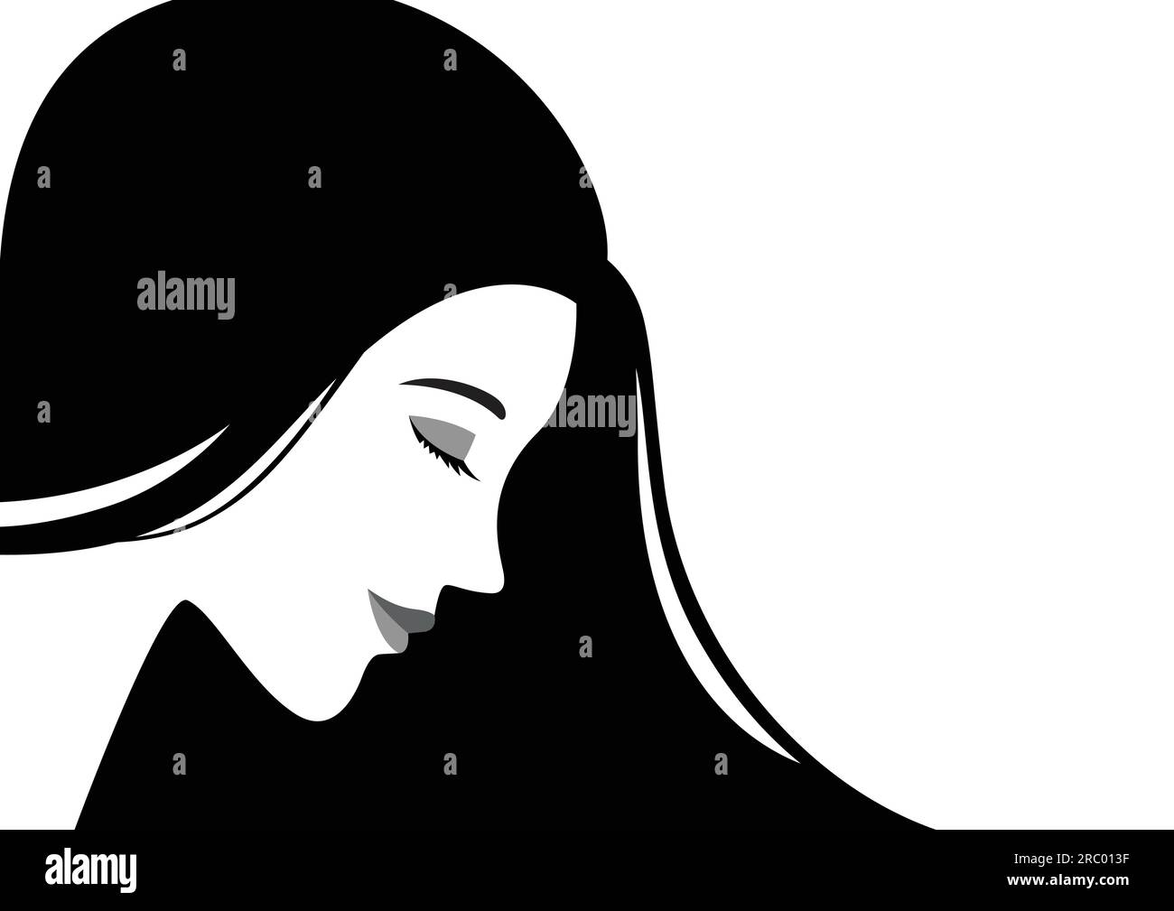 Simple Flat Vector Illustration Of Beautiful Woman Face With Black Hair