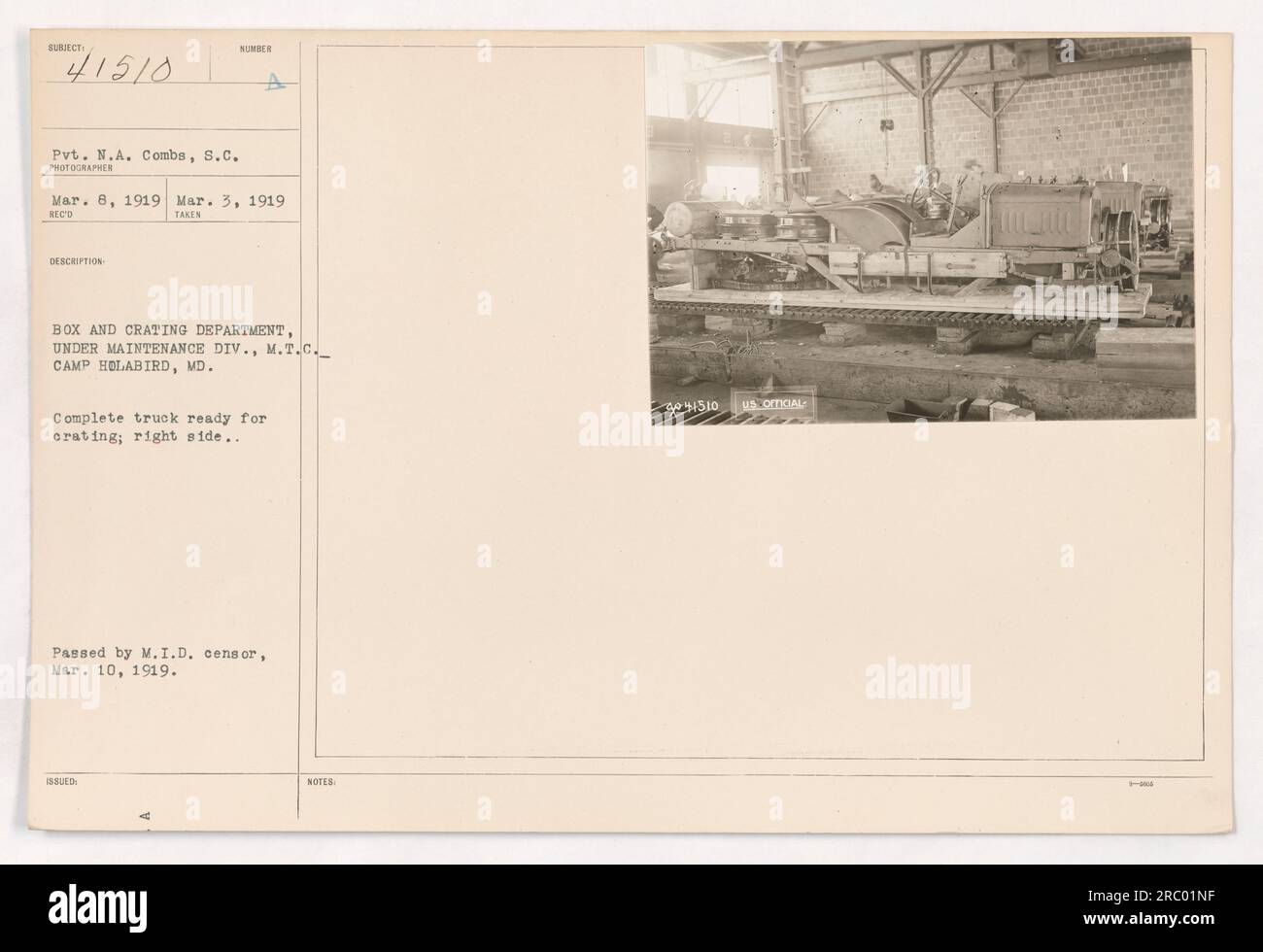 A photograph from March 8, 1919, taken by Pvt. N.A. Combs, S.C. at Camp ...