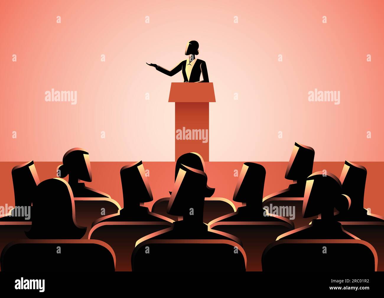 Business concept illustration of businesswoman giving a speech on stage. Audience, seminar ...