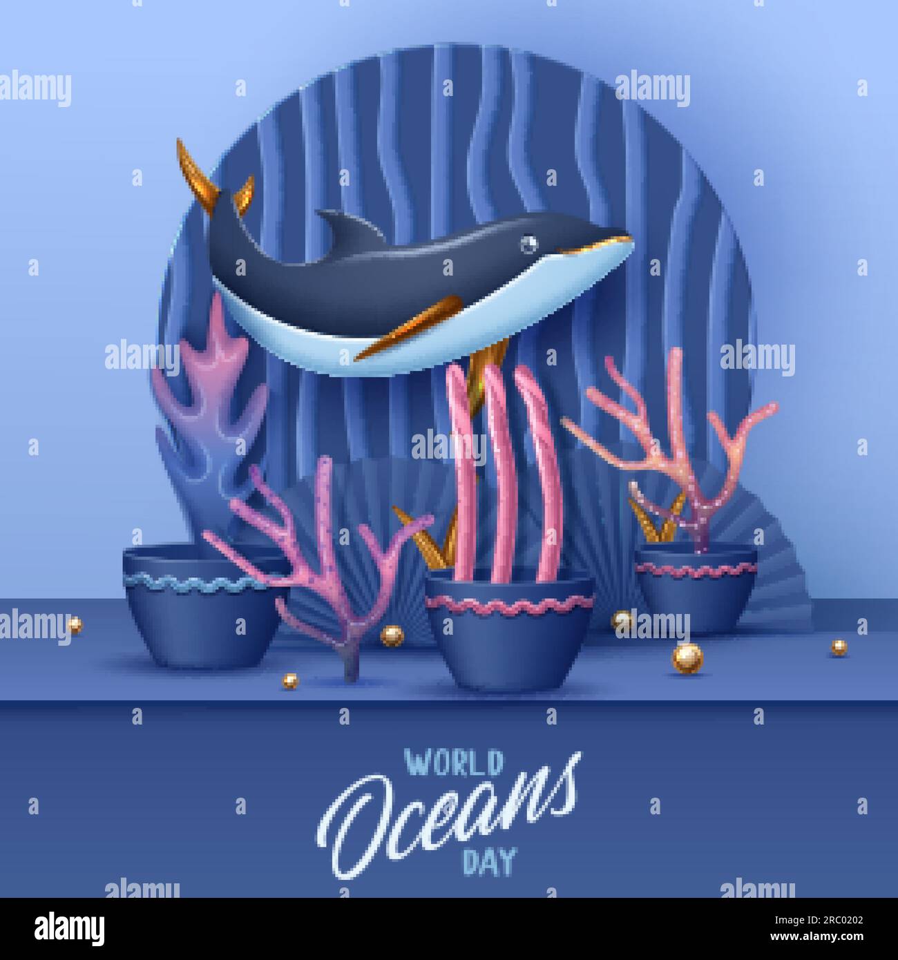 World Oceans Day Banner With Cute Dolphin Vector Illustration Stock