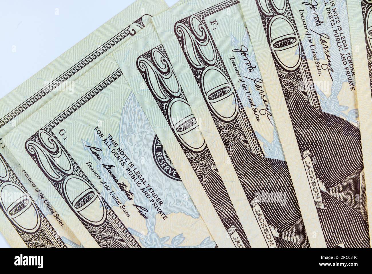 Close-up shot design and details on front side twenty-dollar bill ...