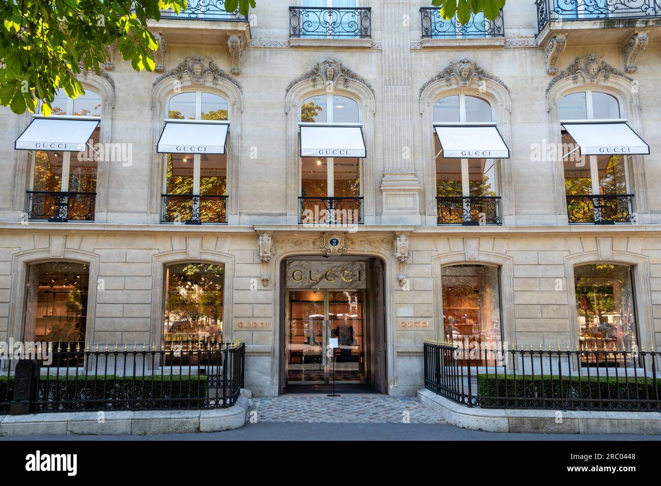 Exterior view of a Gucci store in the Champs-Elysees district of Paris ...