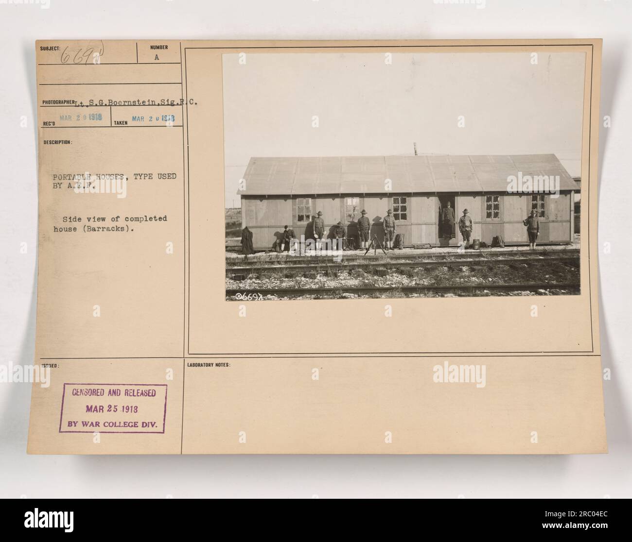 Side view of a completed portable house (barracks) used by the American ...