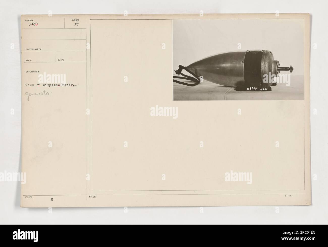 A view of an airplane motor generator in use during World War One. The ...