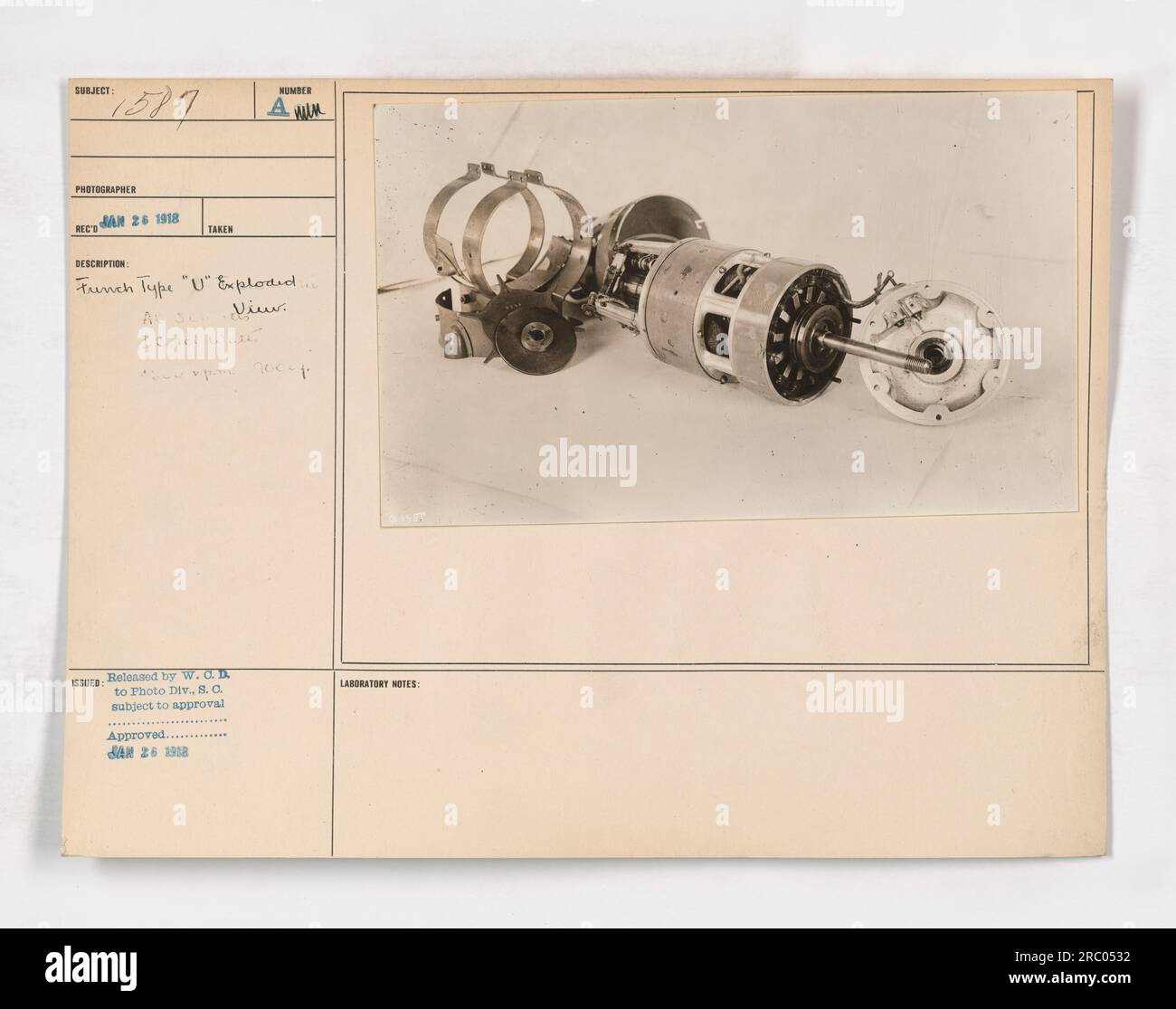 The photograph shows an exploded view of a French Type "U" military ...