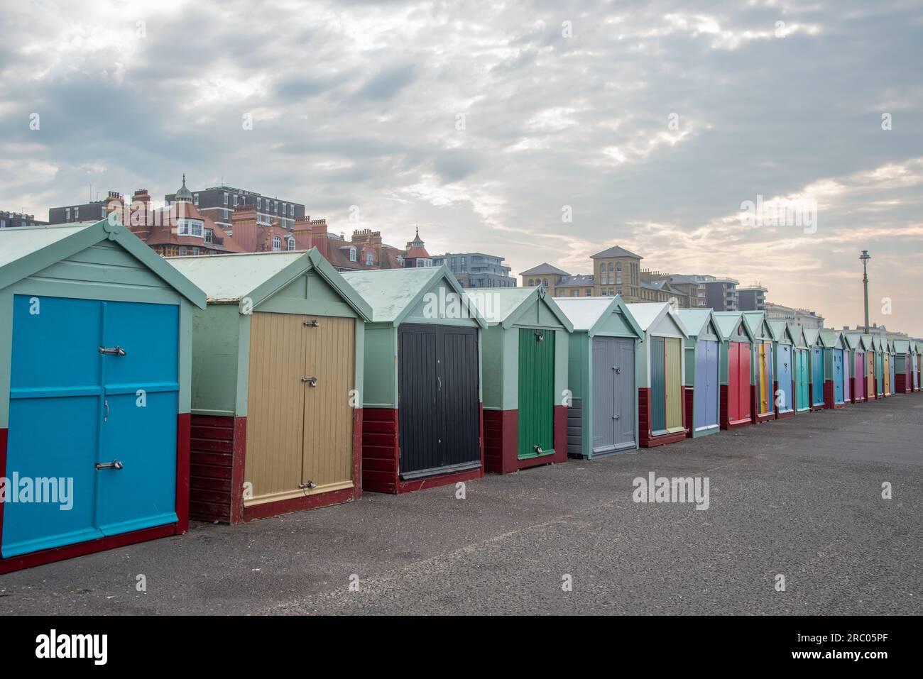 Colorful wooden beach huts on the coastal route in Brighton united ...