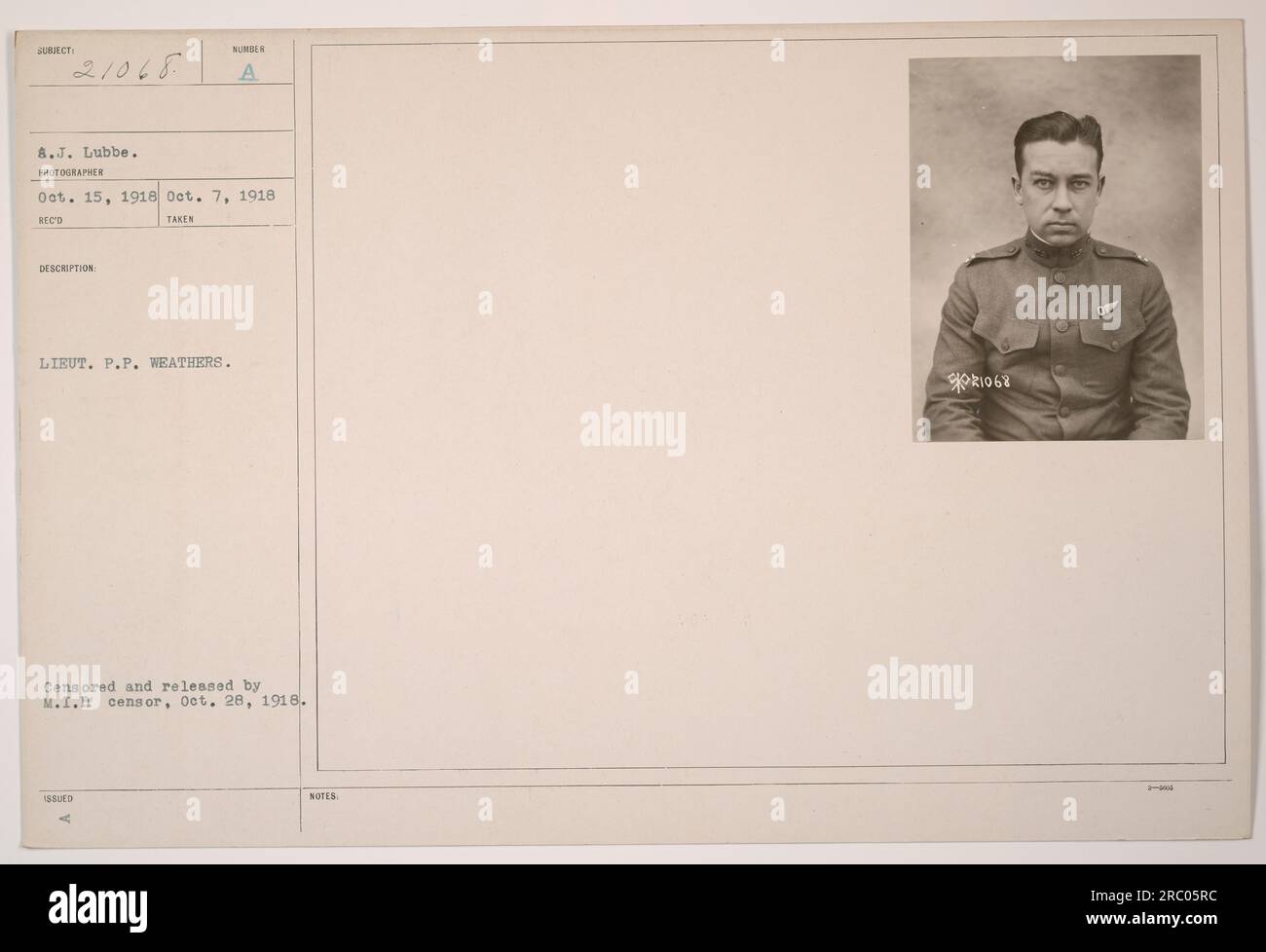 Lieutenant P.P. Weathers photographed during World War One on Oct. 15 ...