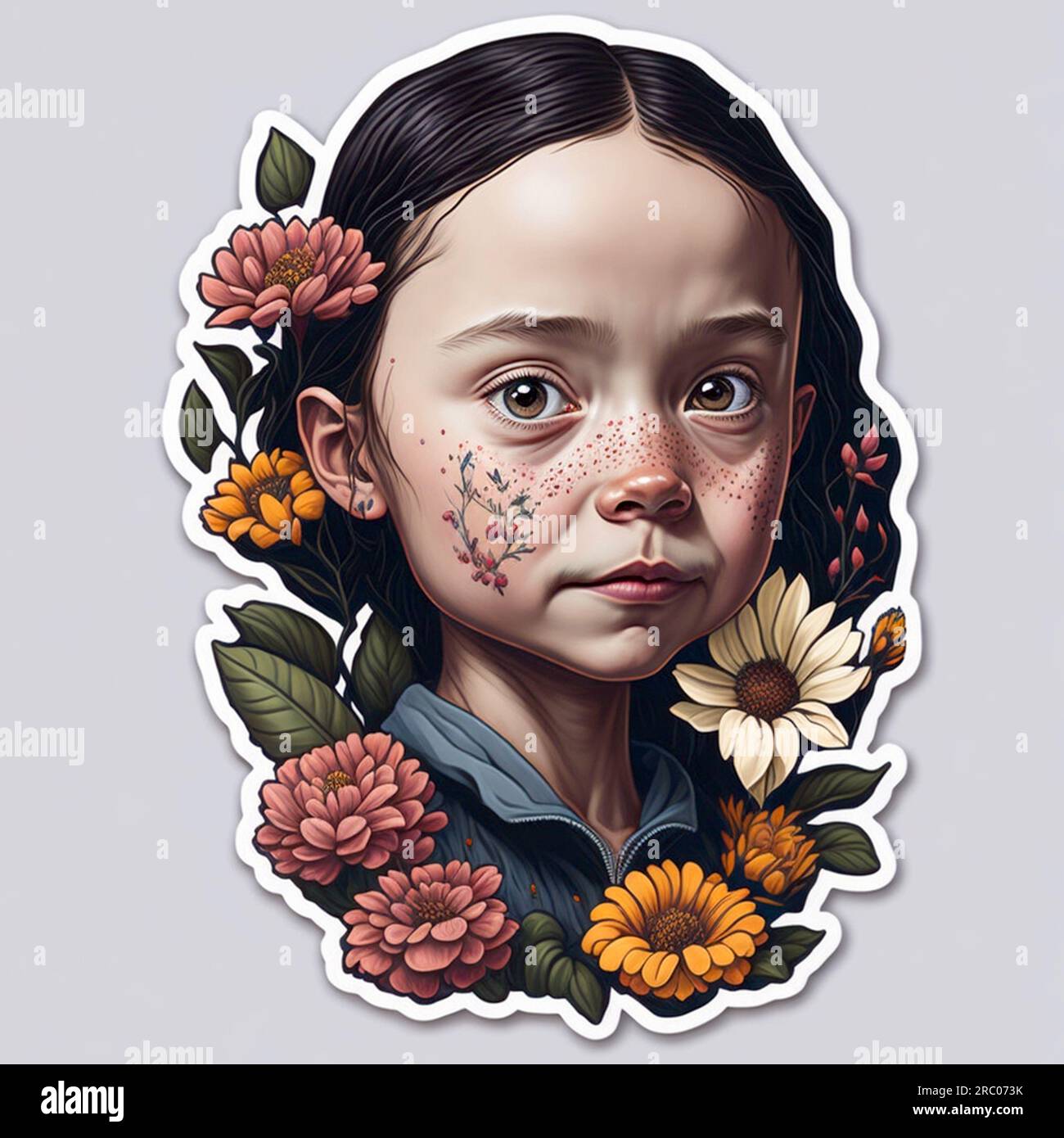 Sticker style illustration of Greta Thunberg with flowers. Tattoo ...