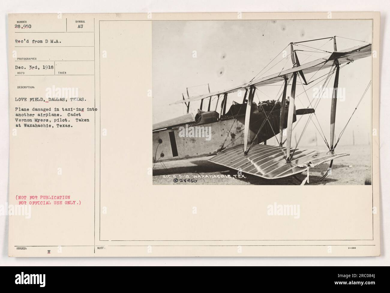 "Cadet Vernon Myers' plane damaged in a collision with another airplane ...