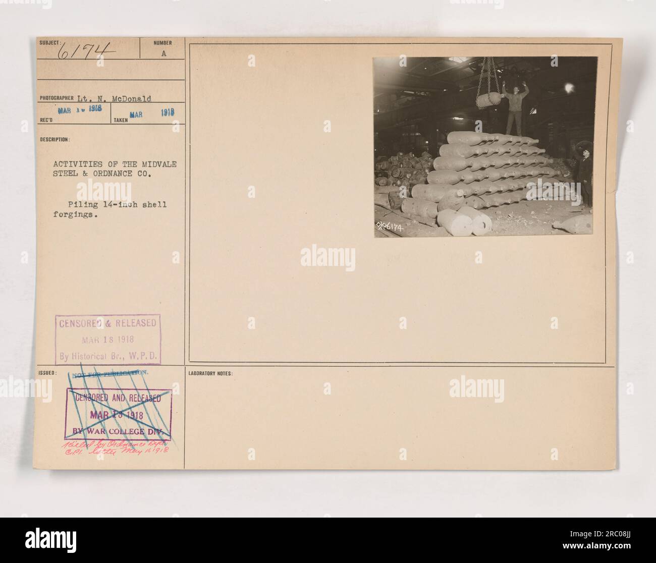 Workers at Midvale Steel & Ordnance Co. stacking 14-inch shell forgings ...