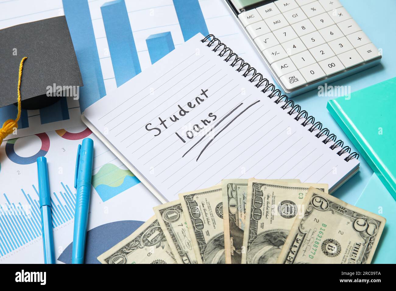 Notebook with text STUDENT LOANS, calculator, graduation cap, charts ...