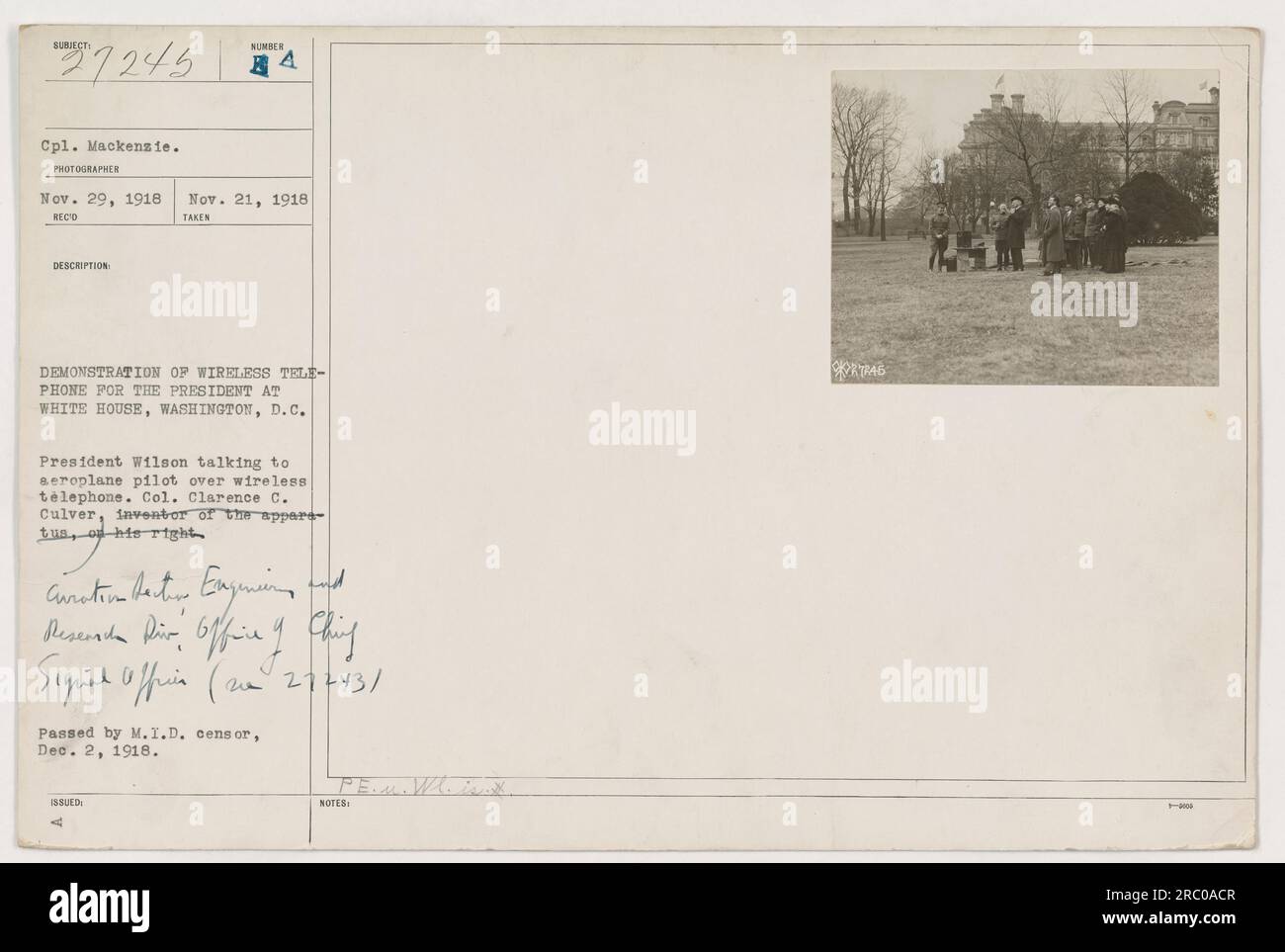 President Wilson speaking on a wireless telephone at the White House in ...