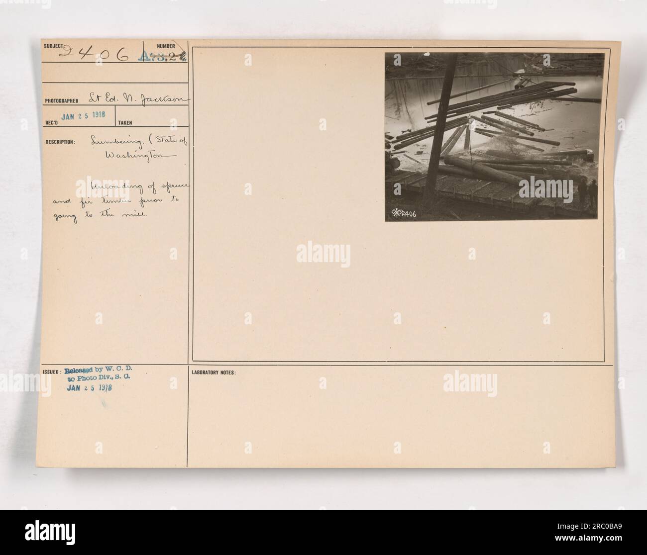 Soldiers unloading spruce and fir timber in Washington state during ...