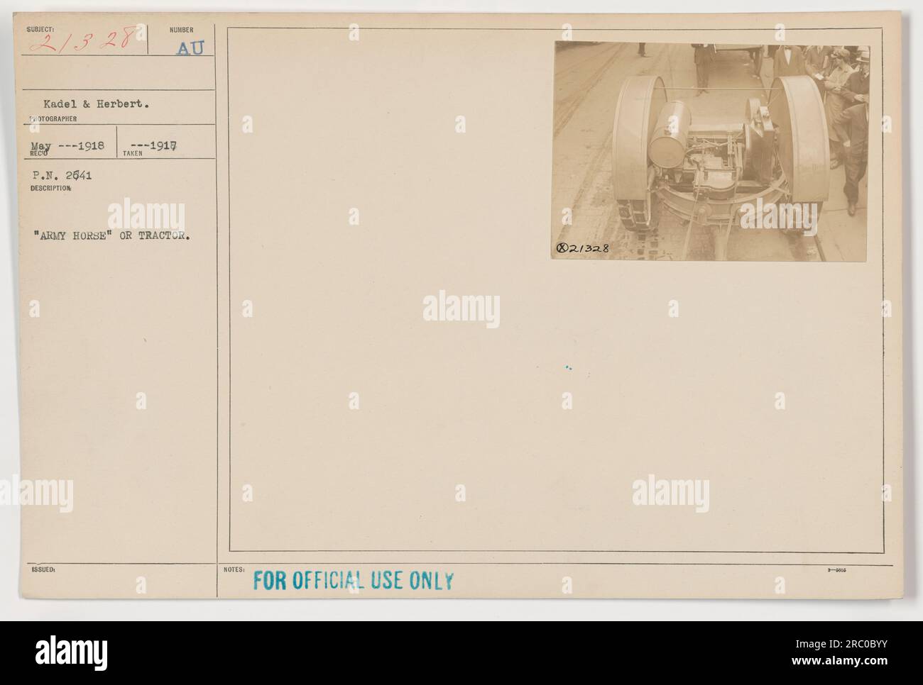 Official photo of an army horse or tractor taken in May 1918. The photo ...