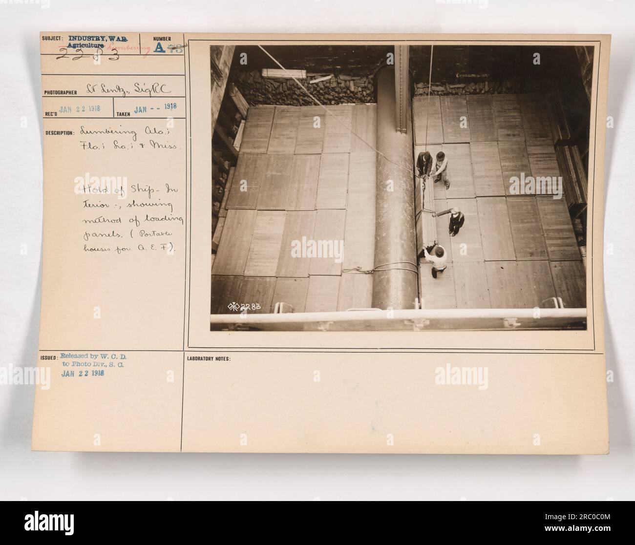 Caption: "Hold of ship, interior, showing the method of loading panels ...