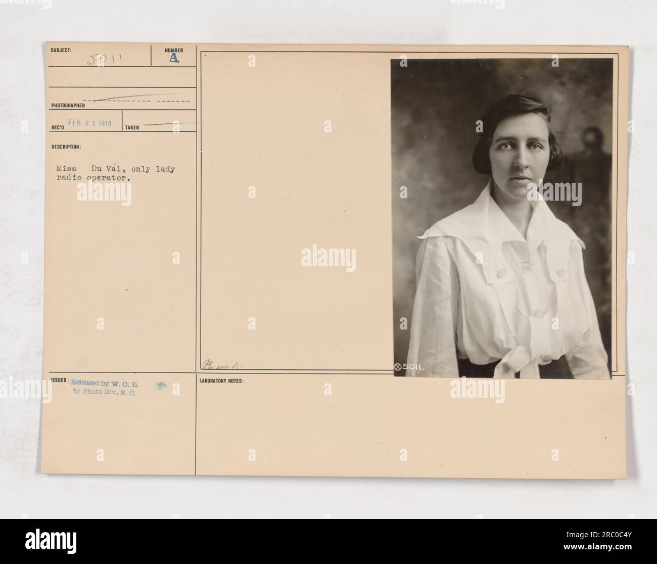 Miss Du Val, a female radio operator, photographed during World War One ...